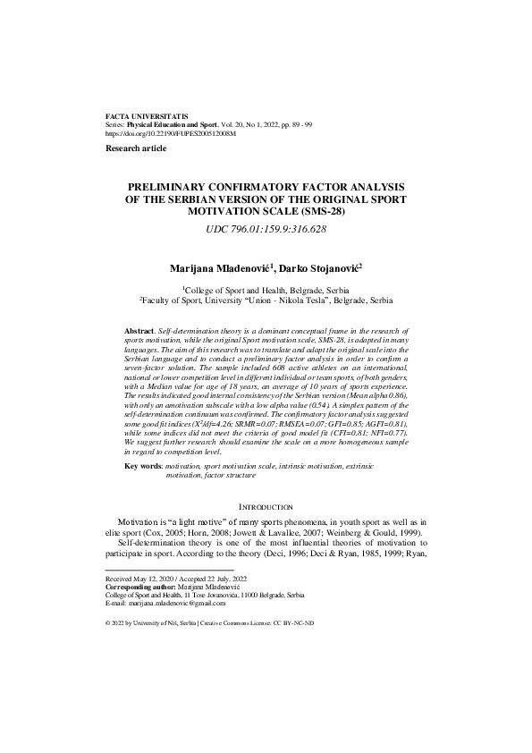 Pdf Preliminary Confirmatory Factor Analysis Of The Serbian Version Of The Original Sport