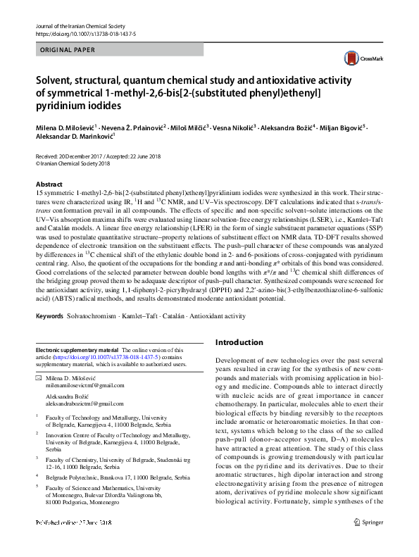 (PDF) Solvent, structural, quantum chemical study and antioxidative ...