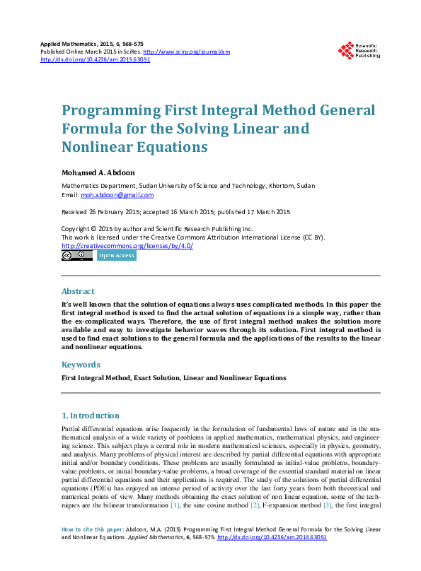 (PDF) Programming First Integral Method General Formula for the Solving ...