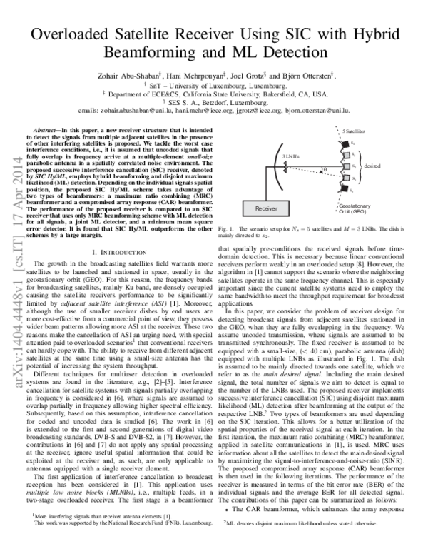 (PDF) Overloaded satellite receiver using SIC with hybrid beamforming and ML detection