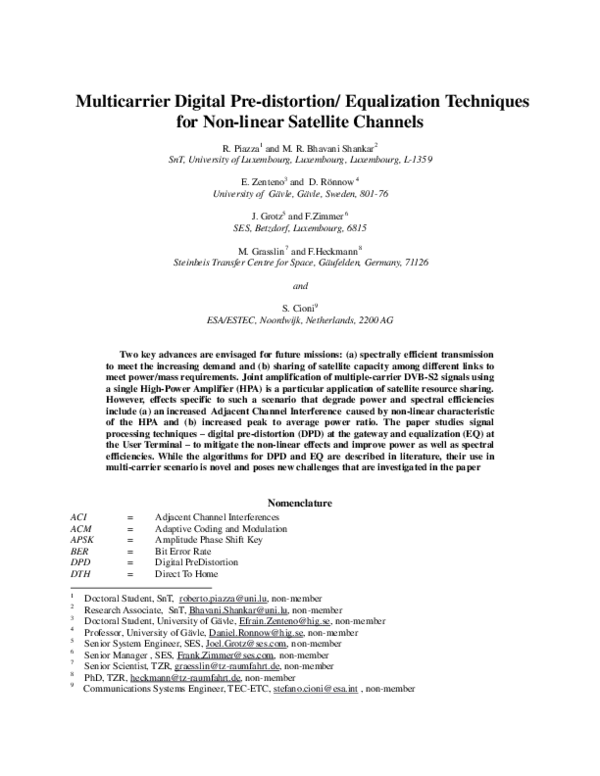 Pdf Multicarrier Digital Pre Distortion Equalization Techniques For Non Linear Satellite