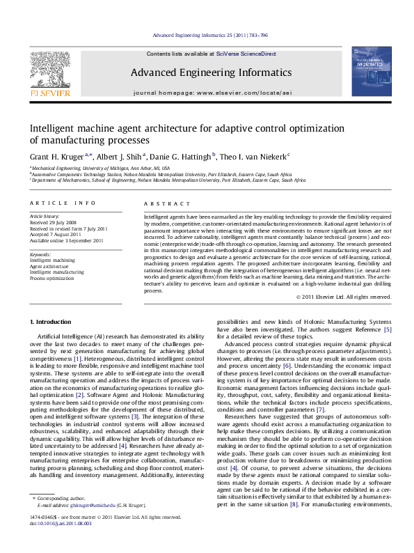(PDF) Intelligent machine agent architecture for adaptive control optimization of manufacturing ...