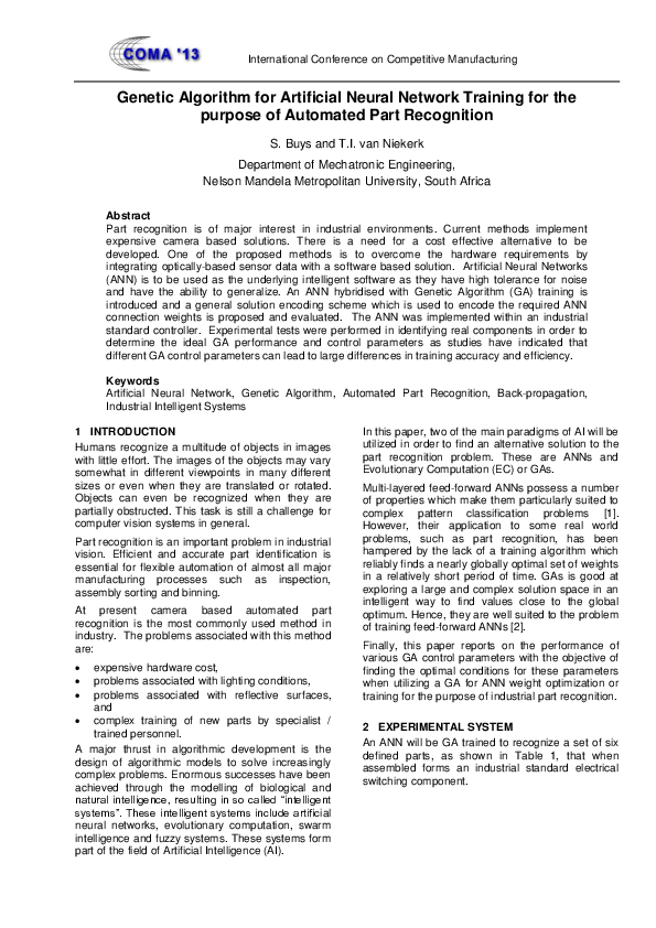 Pdf Genetic Algorithm For Artificial Neural Network Training For The Purpose Of Automated Part