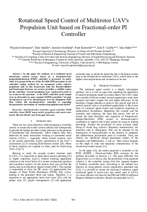 Pdf Rotational Speed Control Of Multirotor Uavs Propulsion Unit
