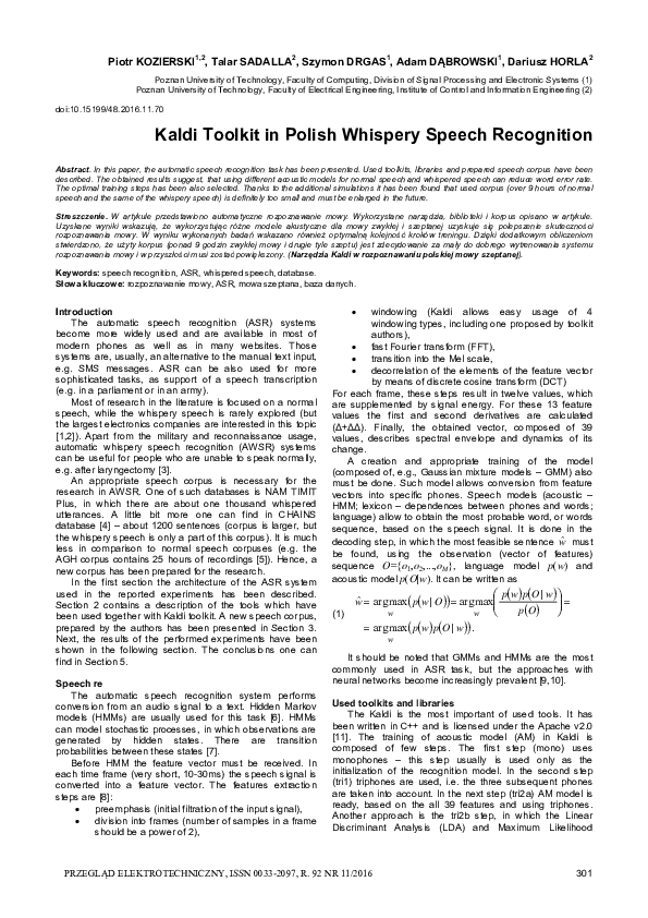 (PDF) Kaldi Toolkit in Polish Whispery Speech Recognition