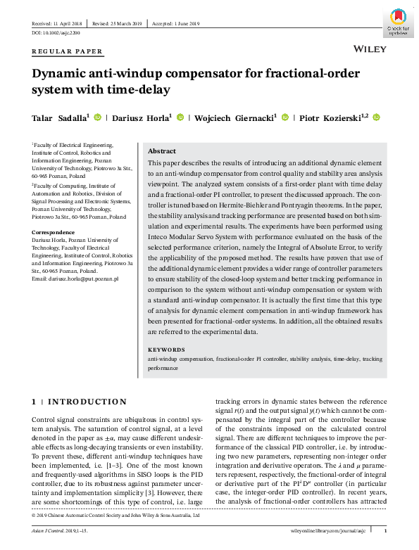 (PDF) Dynamic anti‐windup compensator for fractional‐order system with time‐delay