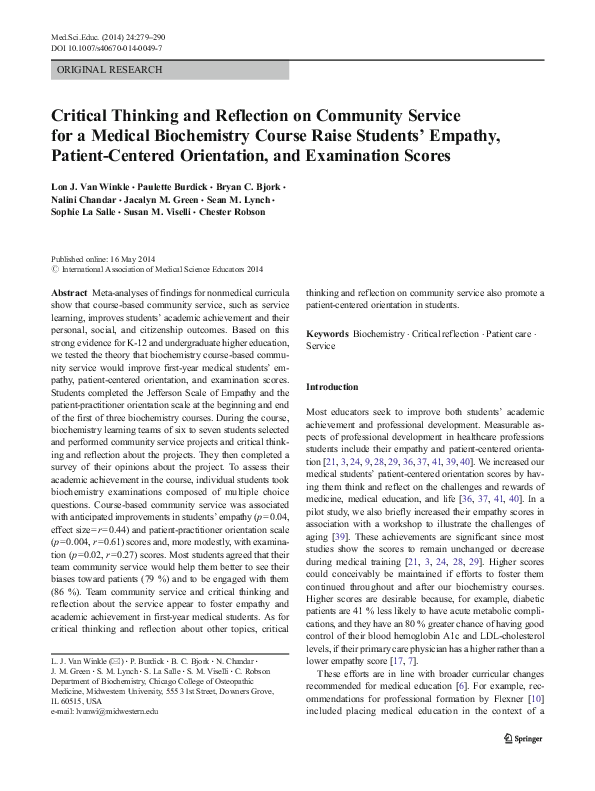 (PDF) Critical Thinking and Reflection on Community Service for a ...