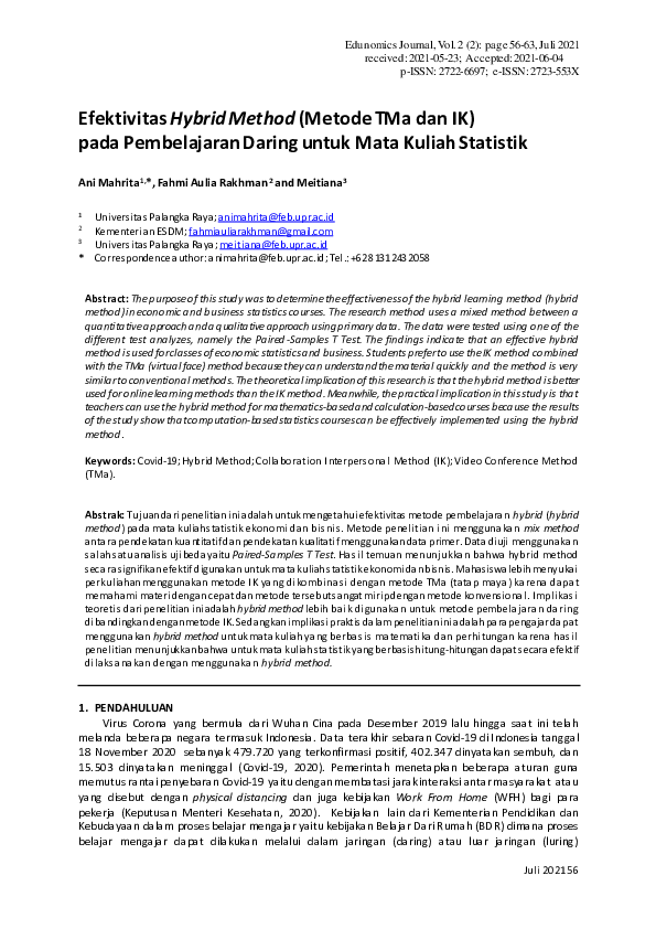 (PDF) Efektivitas Hybrid Method (Metode TMa dan IK) pada Pembelajaran Daring untuk Mata Kuliah ...