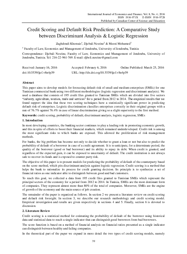 (PDF) Credit Scoring and Default Risk Prediction: A Comparative Study between Discriminant ...