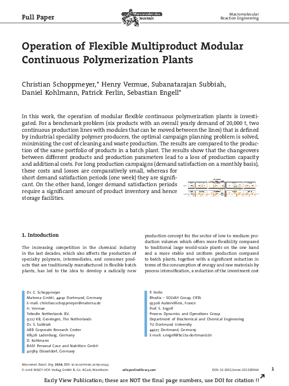 Pdf Operation Of Flexible Multiproduct Modular Continuous