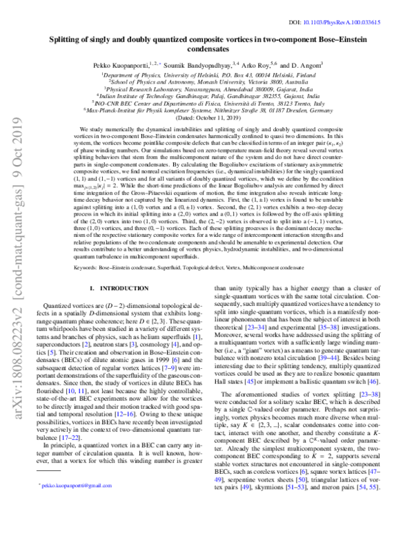 Pdf Splitting Of Singly And Doubly Quantized Composite Vortices In Two Component Bose Einstein