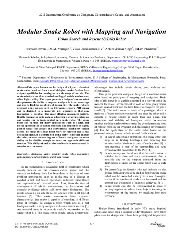 (PDF) Modular Snake Robot with Mapping and Navigation: Urban Search and Rescue (USAR) Robot