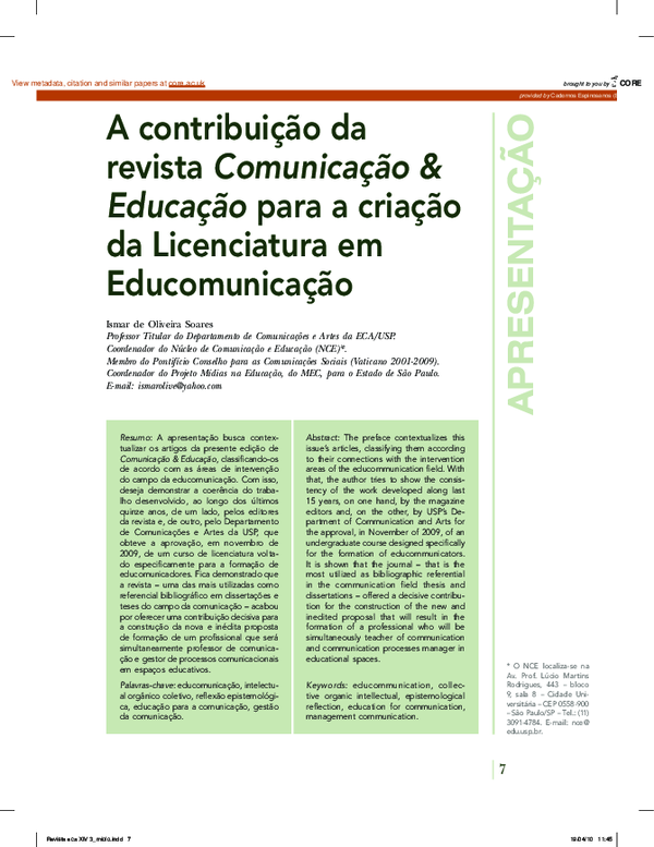 (PDF) The contribution of magazine Comunicação & Educação for the ...