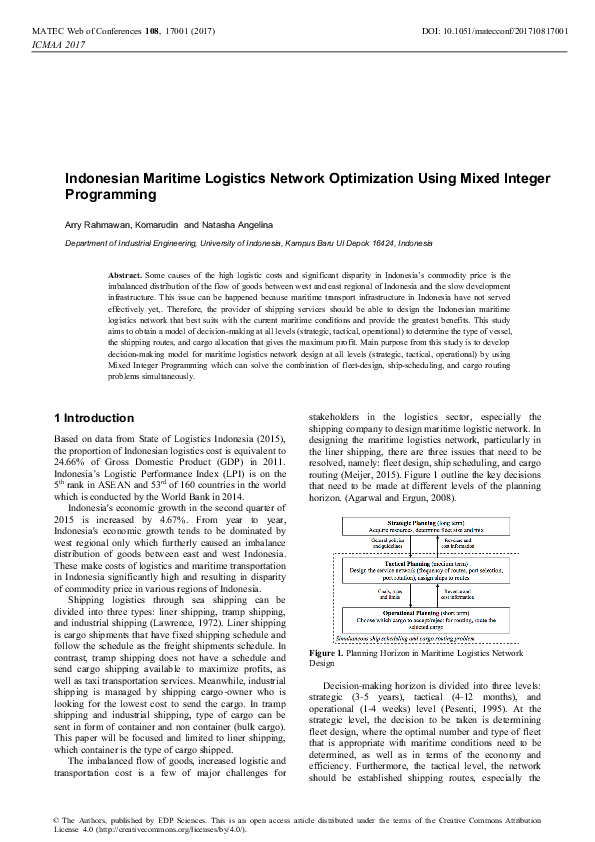 Pdf Indonesian Maritime Logistics Network Optimization Using Mixed Integer Programming