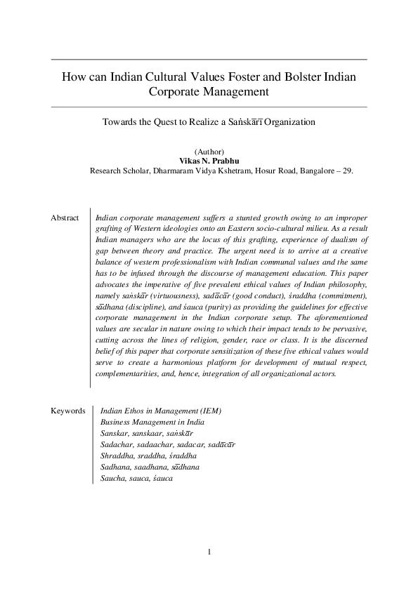 (PDF) How can Indian Cultural Values Foster and Bolster Indian ...