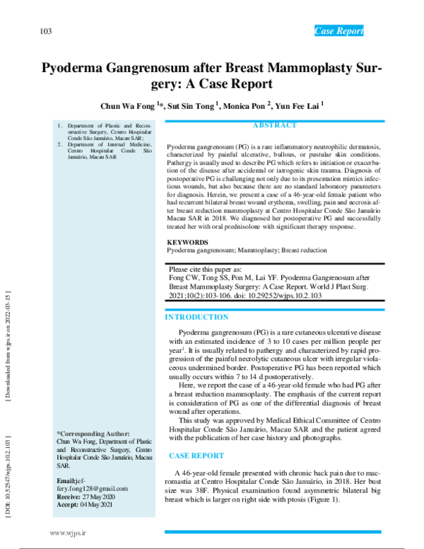 Pdf Pyoderma Gangrenosum After Breast Mammoplasty Surgery A Case Report