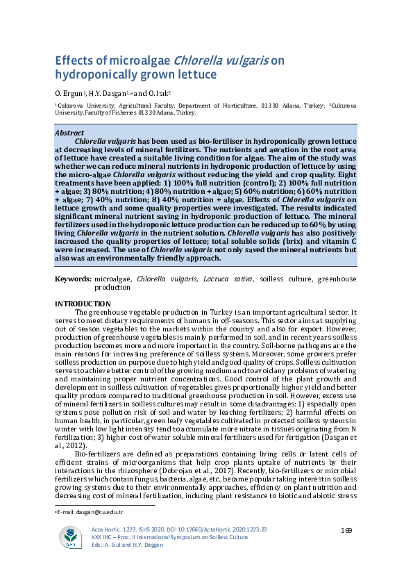 (PDF) Effects of microalgae Chlorella vulgaris on hydroponically grown lettuce | Onur Ergün ...
