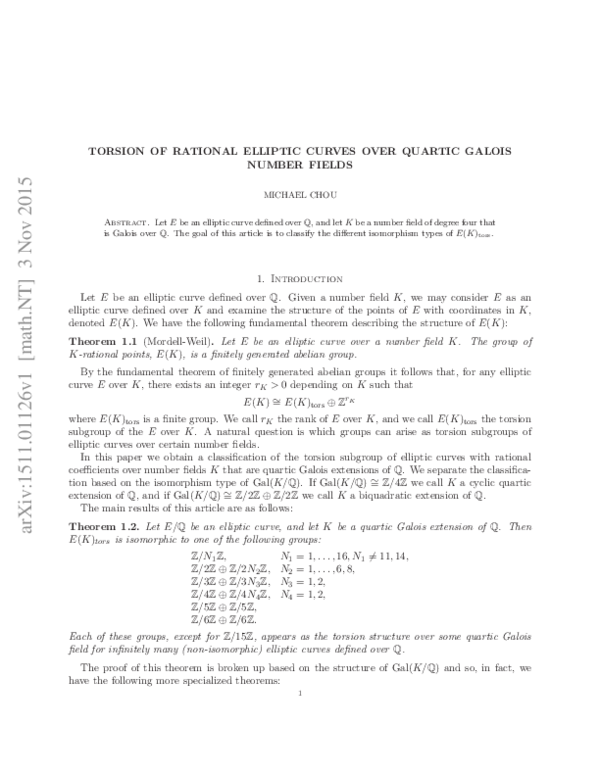 (PDF) Torsion of rational elliptic curves over quartic Galois number fields