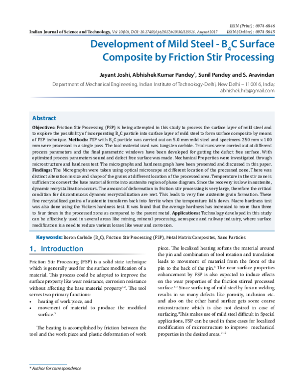 Pdf Development Of Mild Steel B4c Surface Composite By Friction Stir Processing