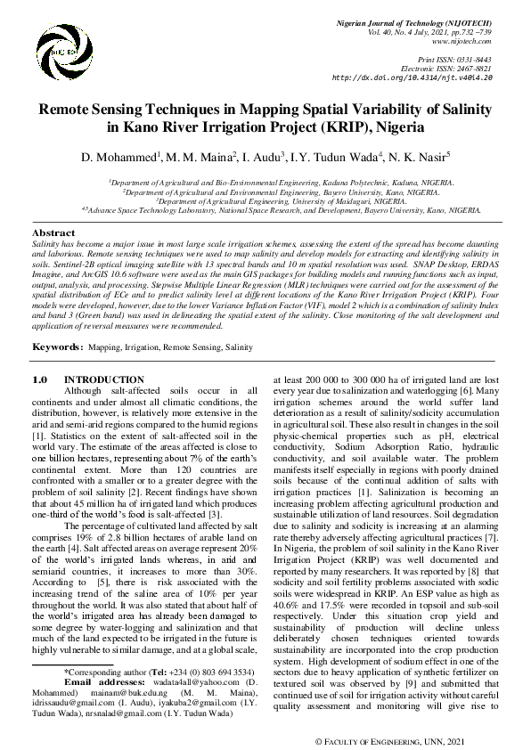 (PDF) Remote sensing techniques in mapping spatial variability of salinity in Kano River ...