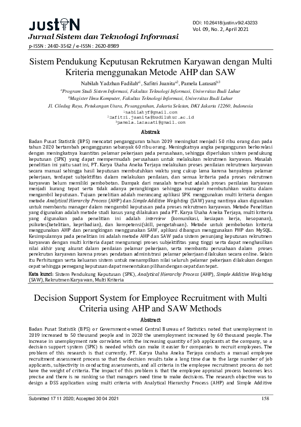 (PDF) Sistem Pendukung Keputusan Rekrutmen Karyawan dengan Multi Kriteria menggunakan Metode AHP ...