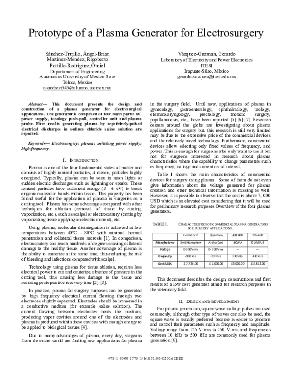 (PDF) Prototype of a plasma generator for electrosurgery
