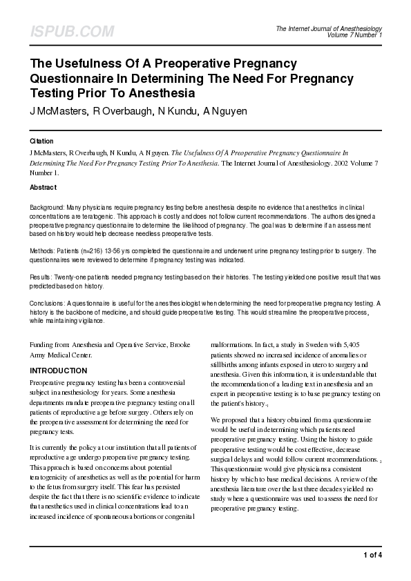 (PDF) The Usefulness Of A Preoperative Pregnancy Questionnaire In ...