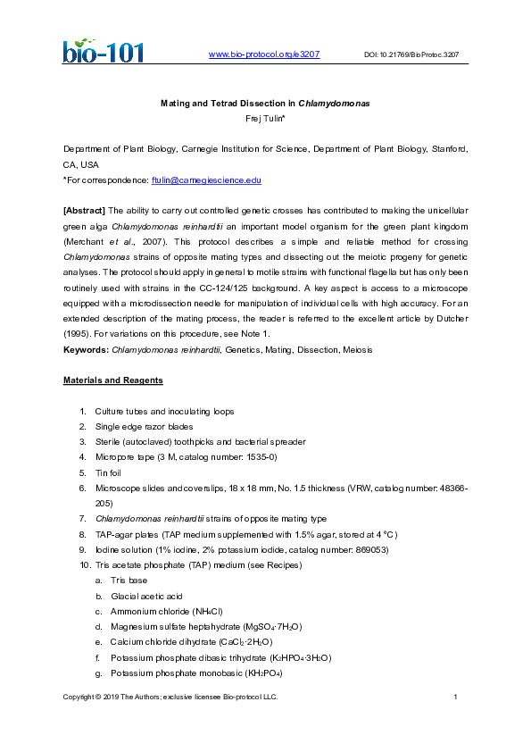 (PDF) Mating and Tetrad Dissection in Chlamydomonas | Frej Tulin ...