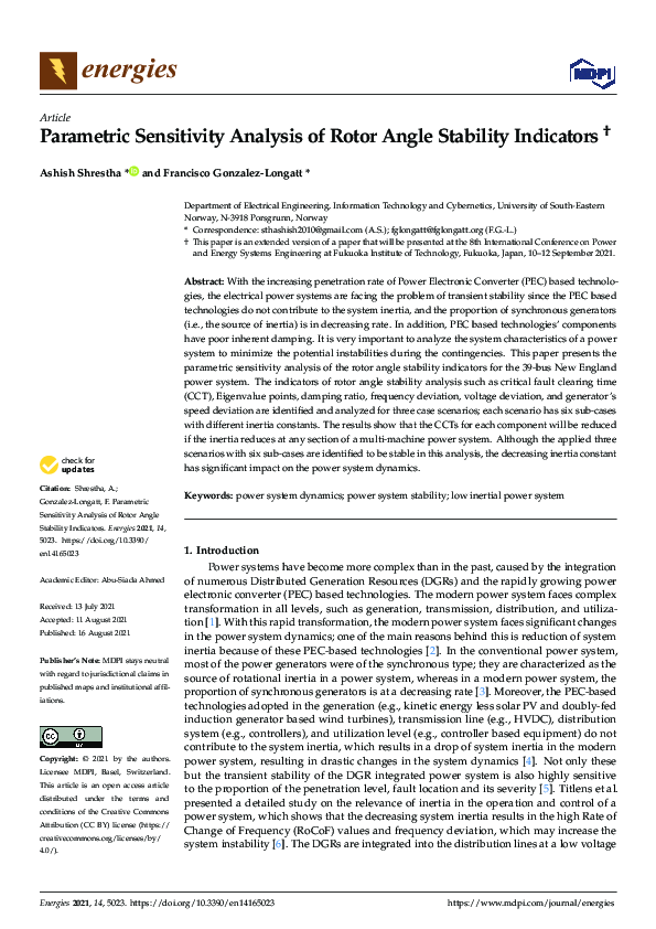 (PDF) Parametric Sensitivity Analysis of Rotor Angle Stability Indicators