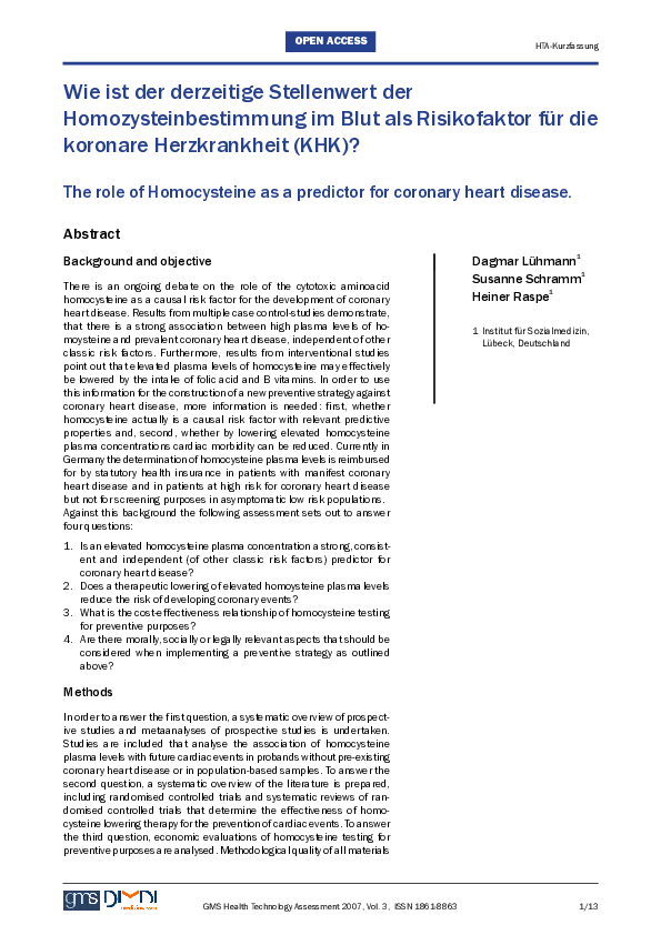 (PDF) The role of Homocysteine as a predictor for coronary heart ...