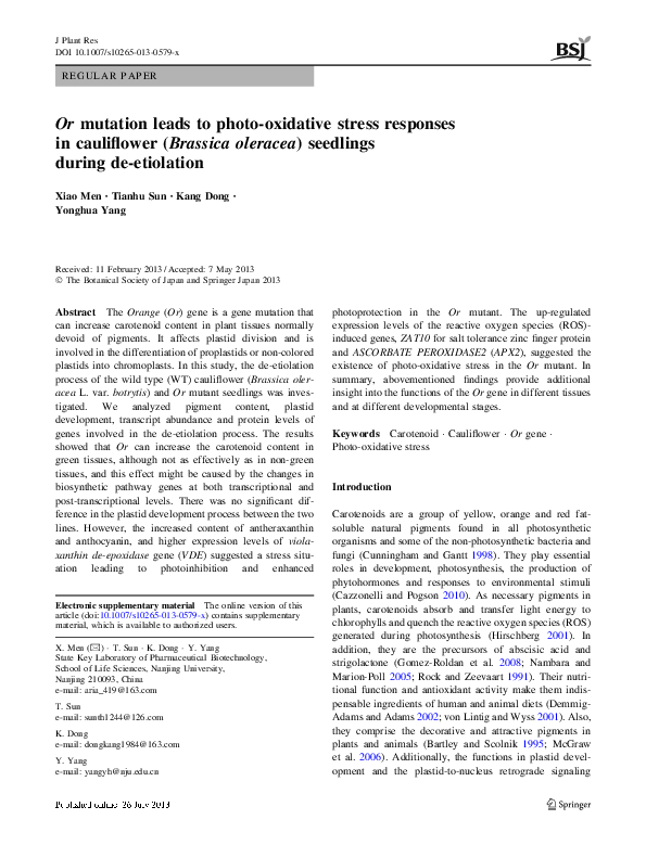 (PDF) Or mutation leads to photo-oxidative stress responses in ...