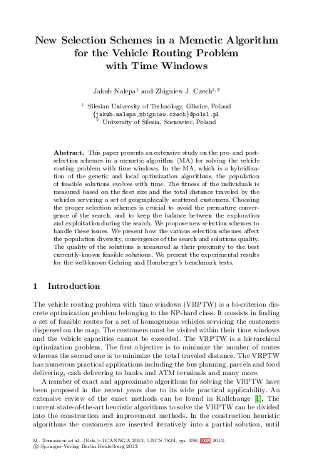 (PDF) New Selection Schemes in a Memetic Algorithm for the Vehicle Routing Problem with Time Windows