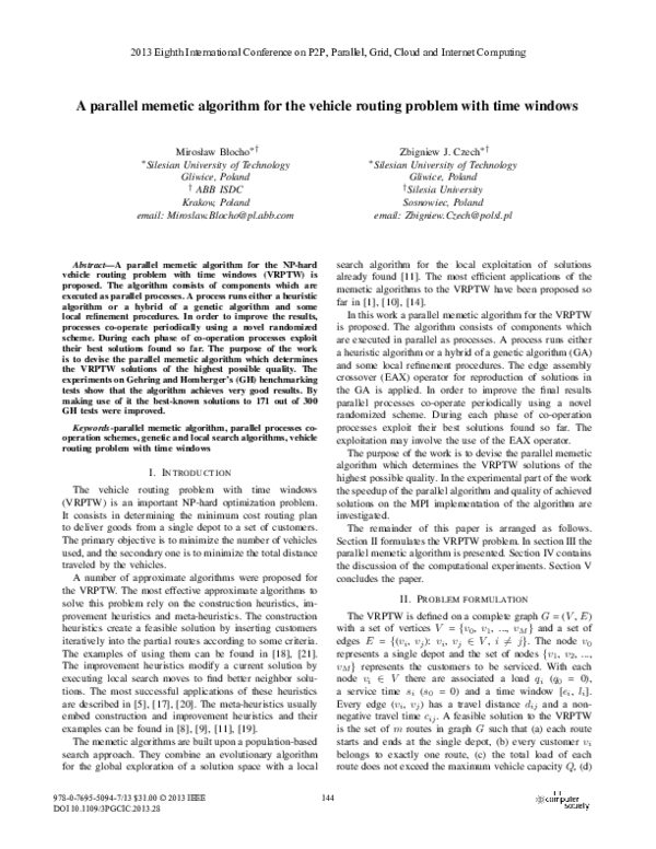 Pdf Parallel Memetic Algorithm For Vehicle Routing With Time Windows