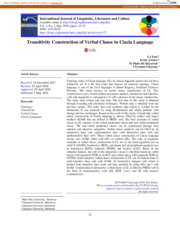 (PDF) Transitivity construction of verbal clause in Ciacia language
