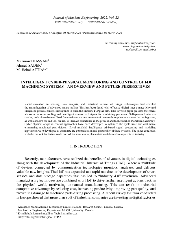 (PDF) Intelligent Cyber-Physical Monitoring and Control of I4.0 Machining Systems - An Overview ...