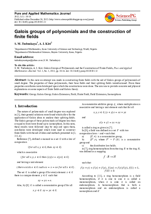 (PDF) Galois Groups of Polynomials and the Construction of Finite ... (PDF) Galois Groups of Polynomials and the Construction of Finite ...