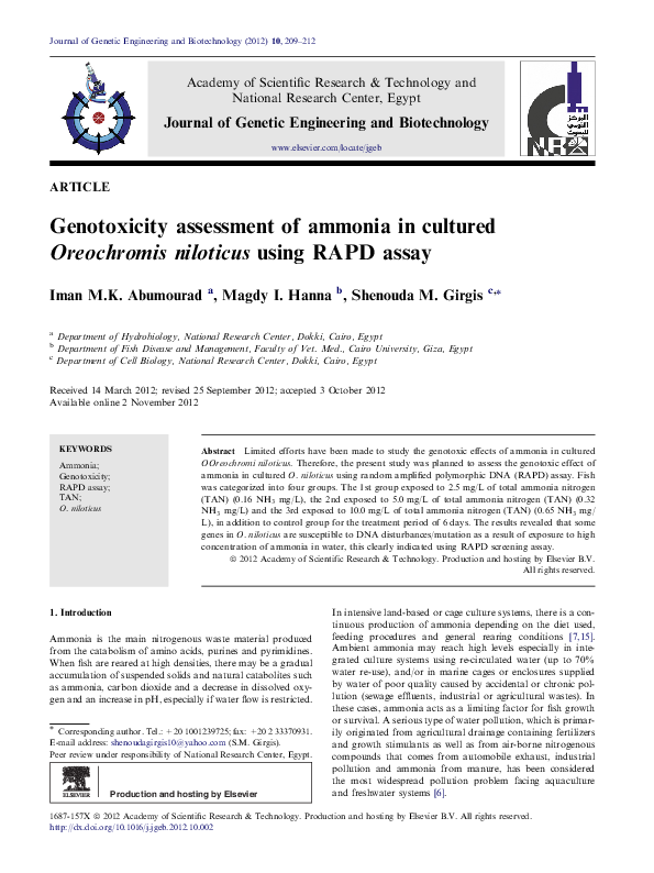 (PDF) Genotoxicity assessment of ammonia in cultured Oreochromis ...
