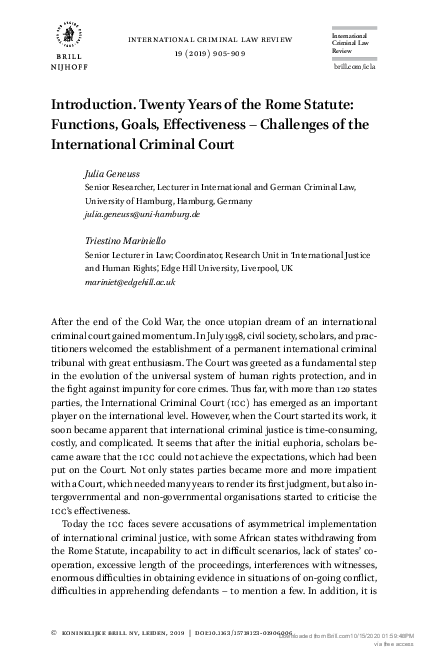 (PDF) Introduction. Twenty Years of the Rome Statute: Functions, Goals ...