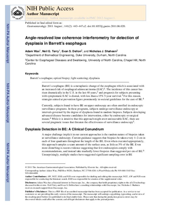Pdf Angle Resolved Low Coherence Interferometry For Detection Of Dysplasia In Barretts Esophagus