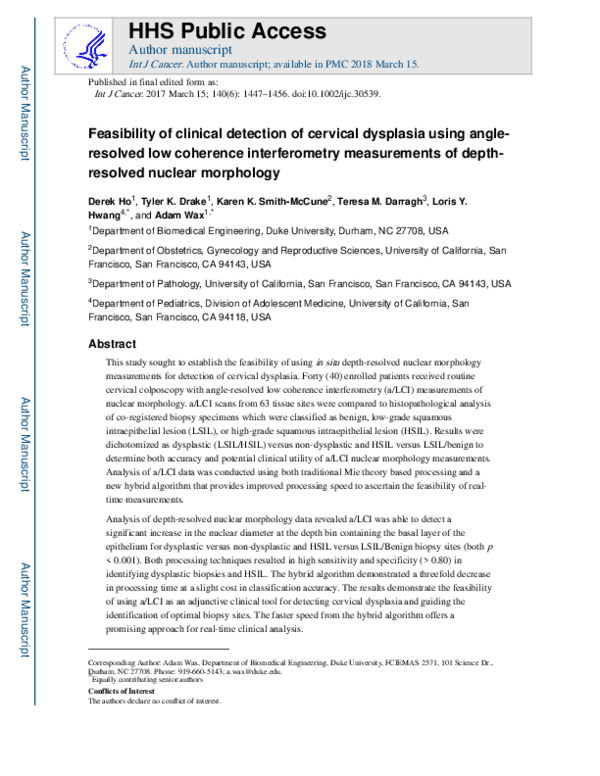 Pdf Feasibility Of Clinical Detection Of Cervical Dysplasia Using Angle Resolved Low Coherence