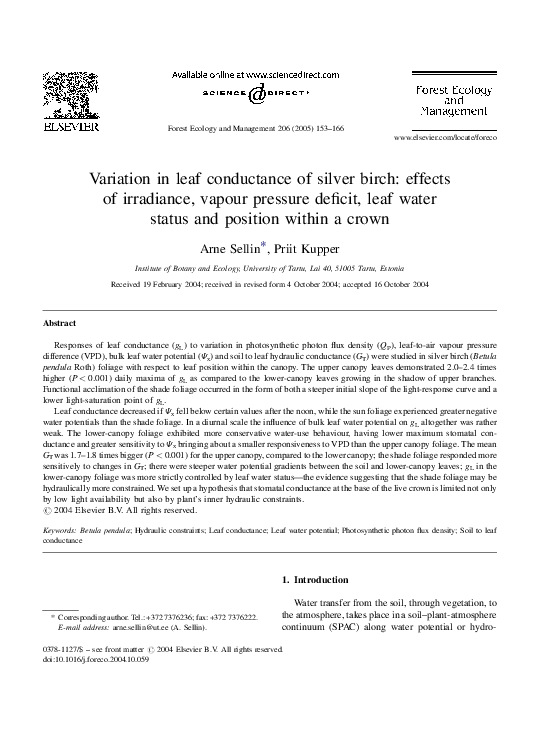 (PDF) Variation in leaf conductance of silver birch: effects of ...