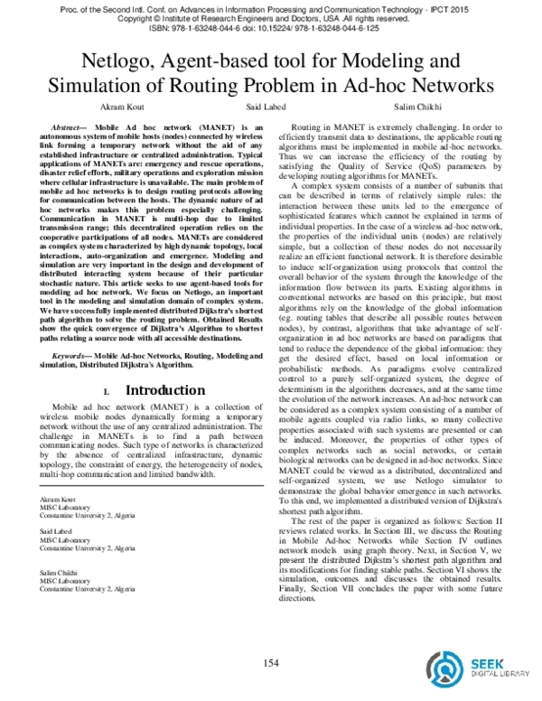 Pdf Netlogo Agent Based Tool For Modeling And Simulation Of Routing Problem In Ad Hoc Networks