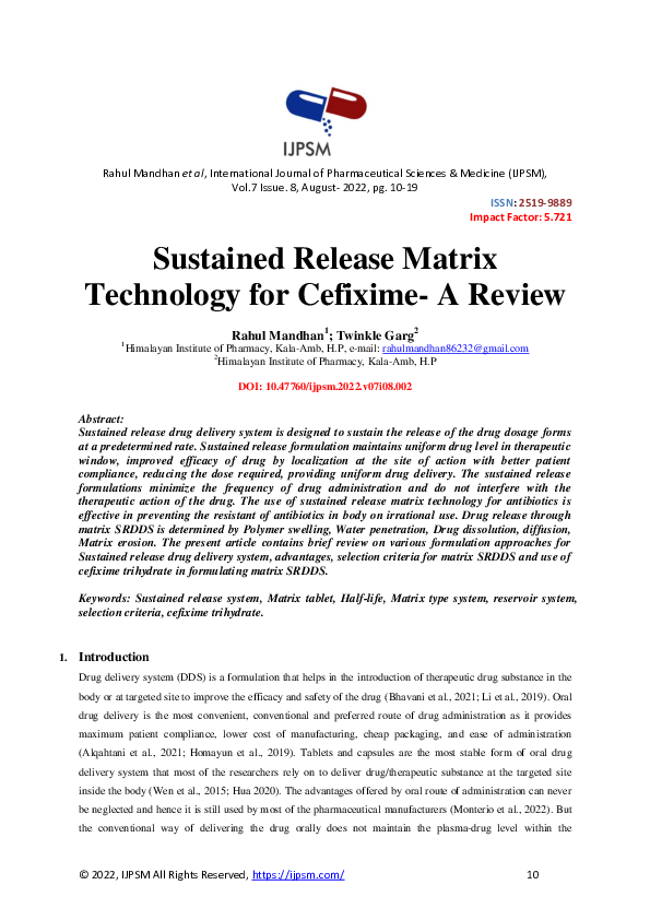 Pdf Sustained Release Matrix Technology For Cefixime A Review Twinkle Garg