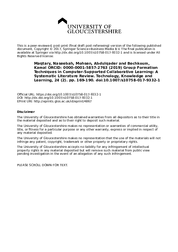 Pdf Group Formation Techniques In Computer Supported Collaborative Learning A Systematic
