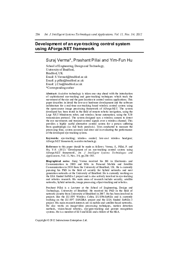 Pdf Development Of An Eye Tracking Control System Using Aforge Net