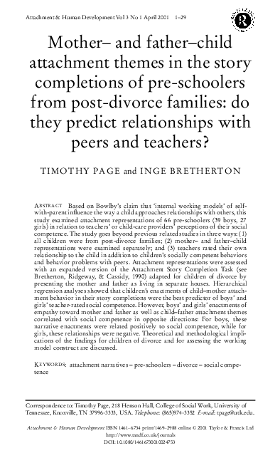 (PDF) Mother and fatherchild attachment themes in the story completions ...