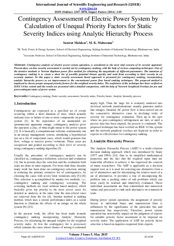 (PDF) Contingency Assessment of Electric Power System by Calculation of Unequal Priority Factors ...