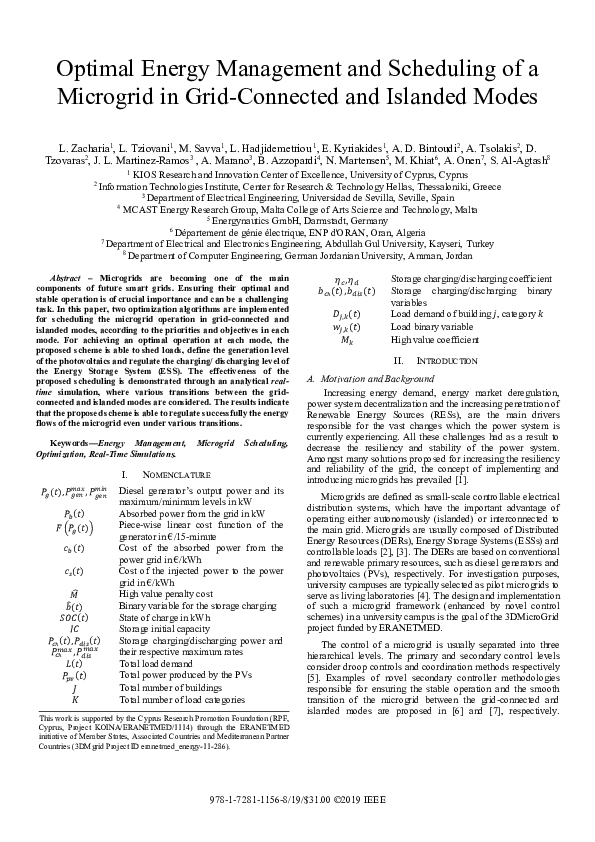 Pdf Optimal Energy Management And Scheduling Of A Microgrid In Grid Connected And Islanded Modes