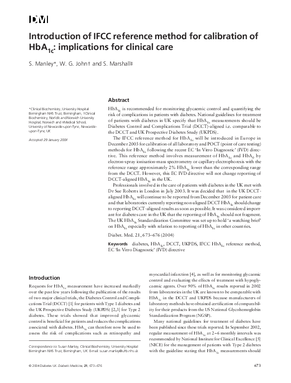 (PDF) Introduction of IFCC reference method for calibration of HbA1c ...