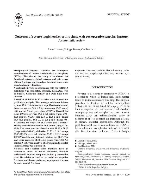Pdf Outcomes Of Reverse Total Shoulder Arthroplasty With